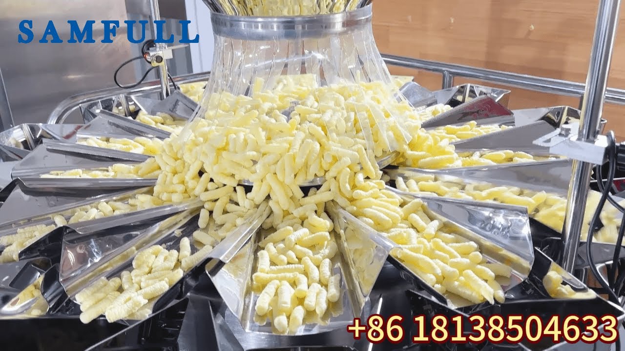 Samfull snacks food pouch multiheads weigher vertical vffs weighing packing machine