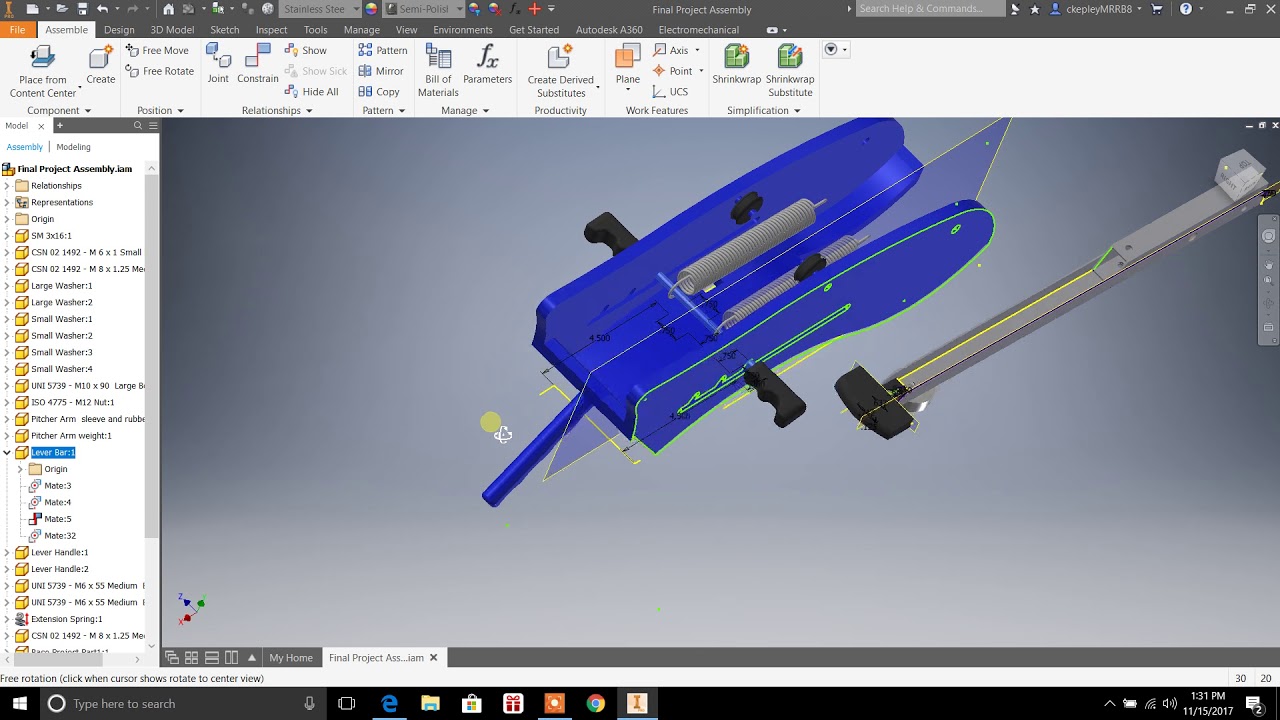 Performing a center line constraint - Inventor 2018 tutorial