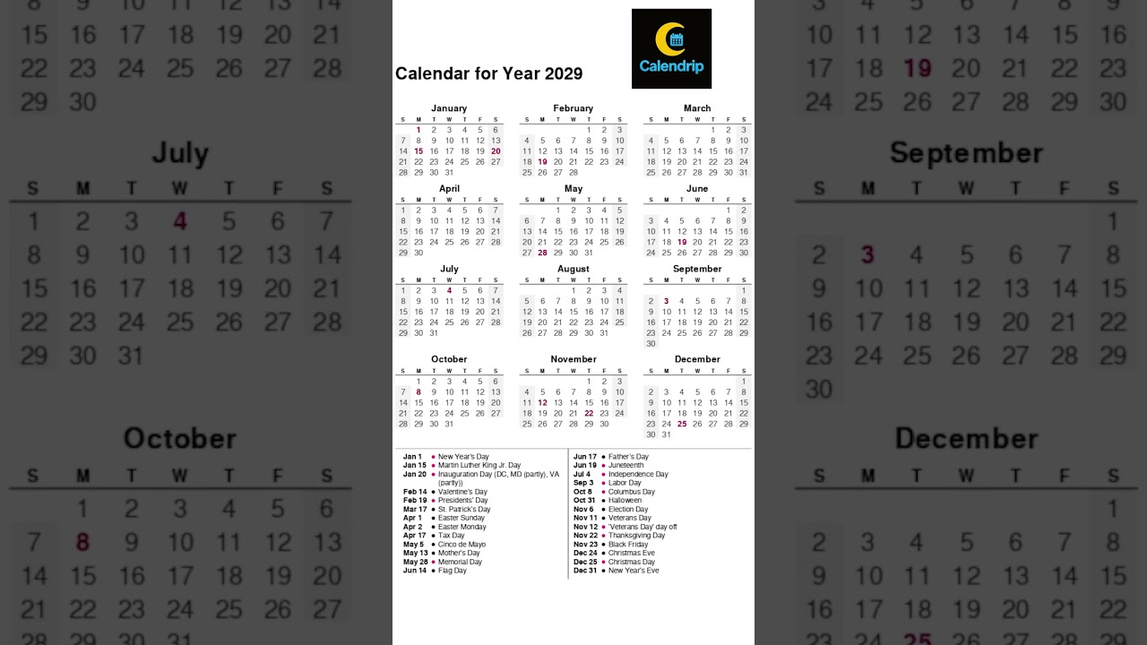 Calendar 2029 #monthsoftheyear #2029