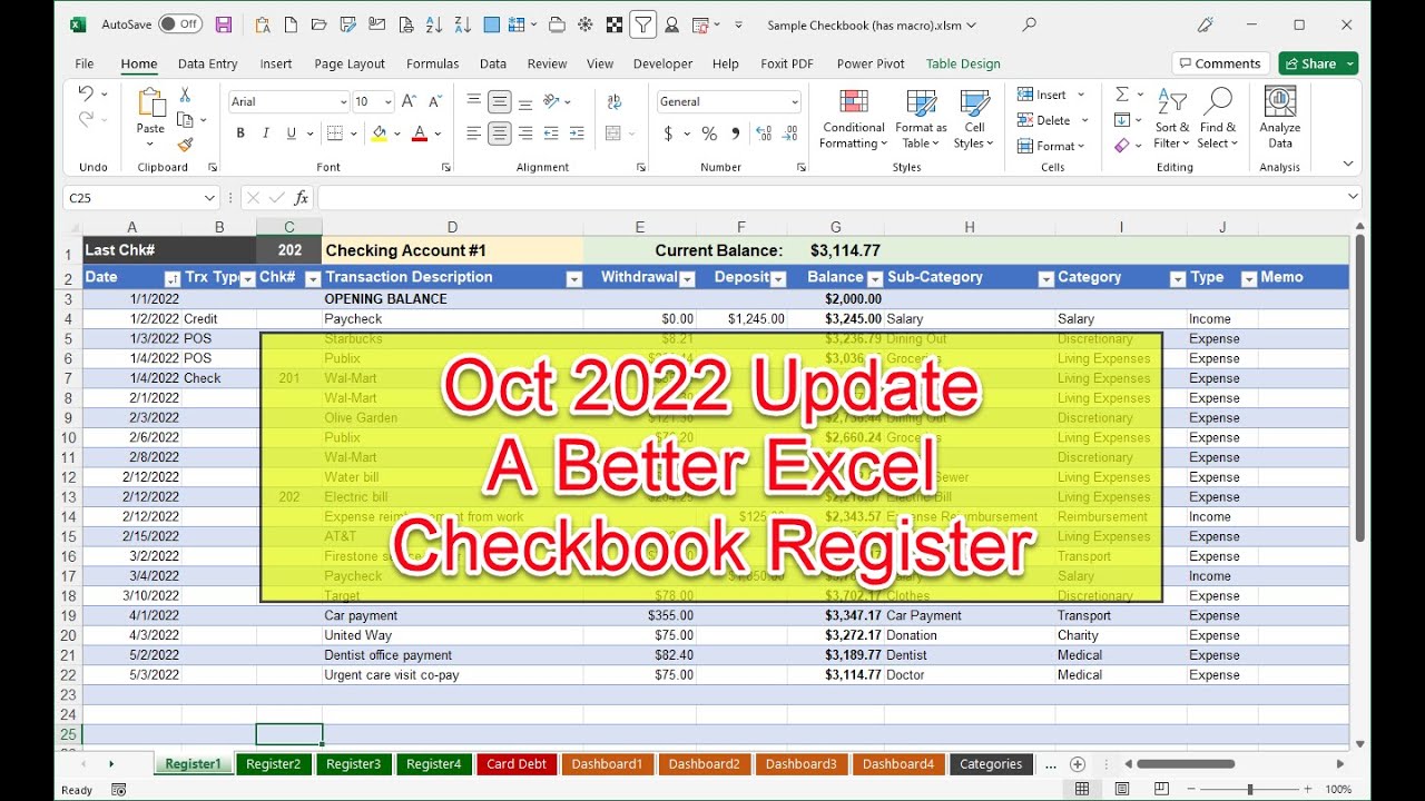 A Better Excel Checkbook Register (October 2022 Version)