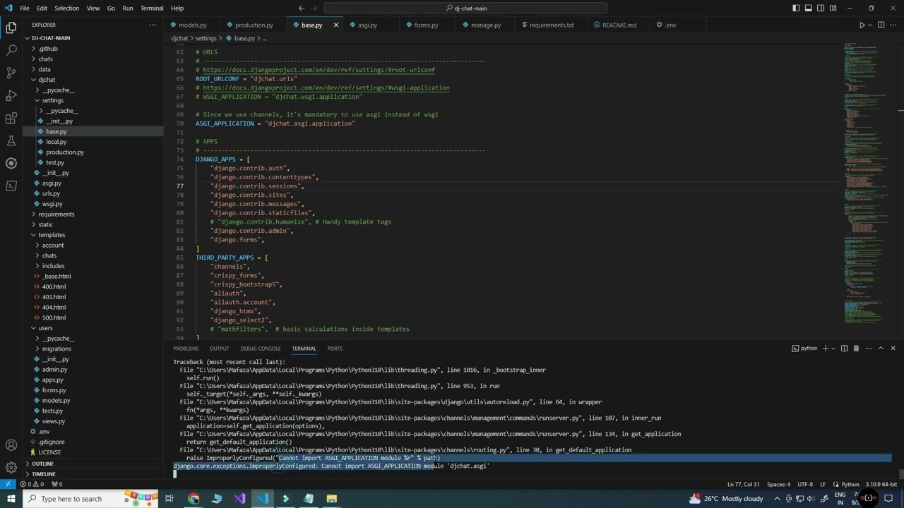 Cannot import ASGI_APPLICATION module 'mysite.asgi' | Django Python