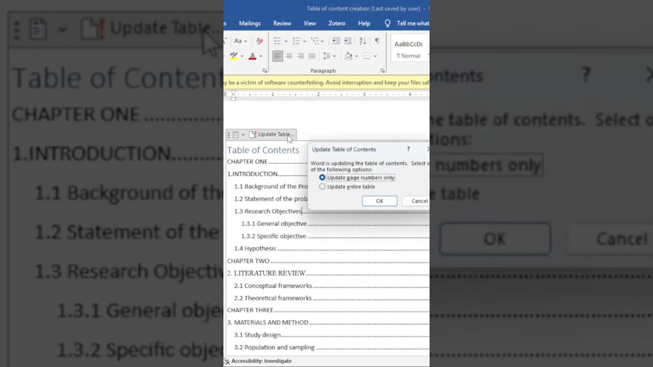 How to Insert an Automatic Table of Contents in Word| Step by Step  #shorts #tutorial