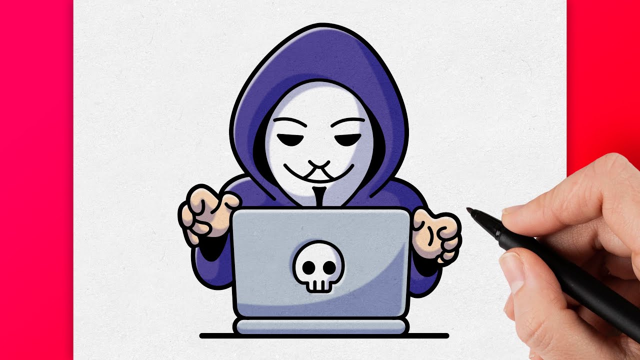 How to Draw a Cute Hacker Operating Laptop