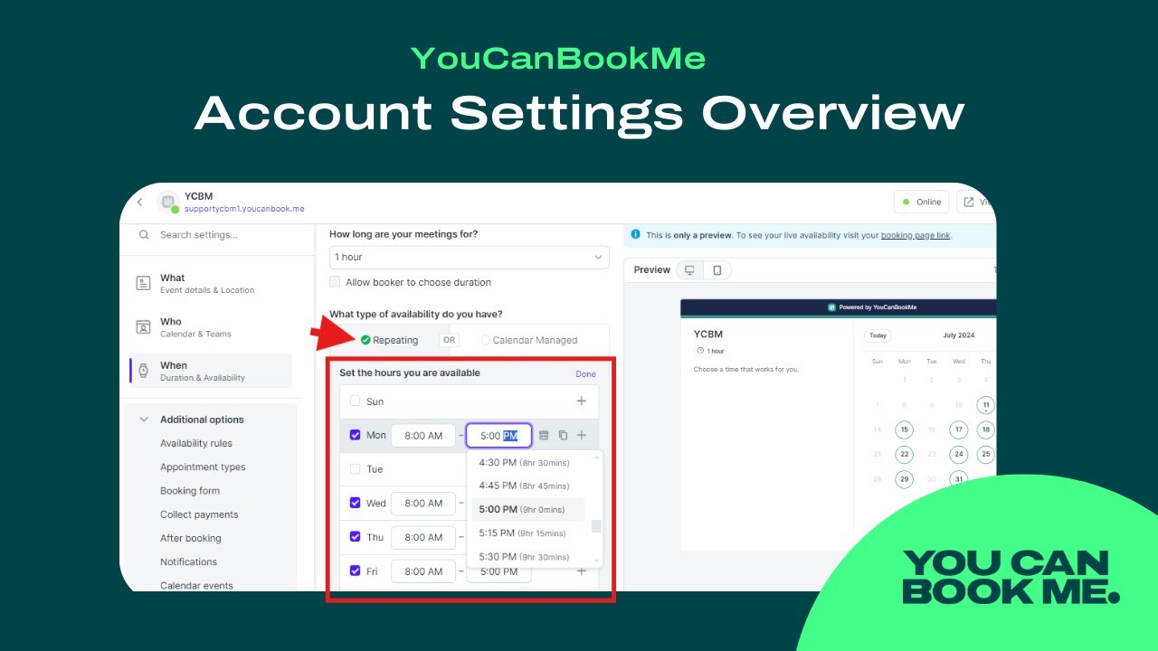 YouCanBookMe Account Settings Overview