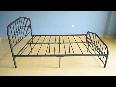 Metal Bed Frame Queen Size Platform No Box Spring Needed with Vintage Headboard and Footboard Premiu