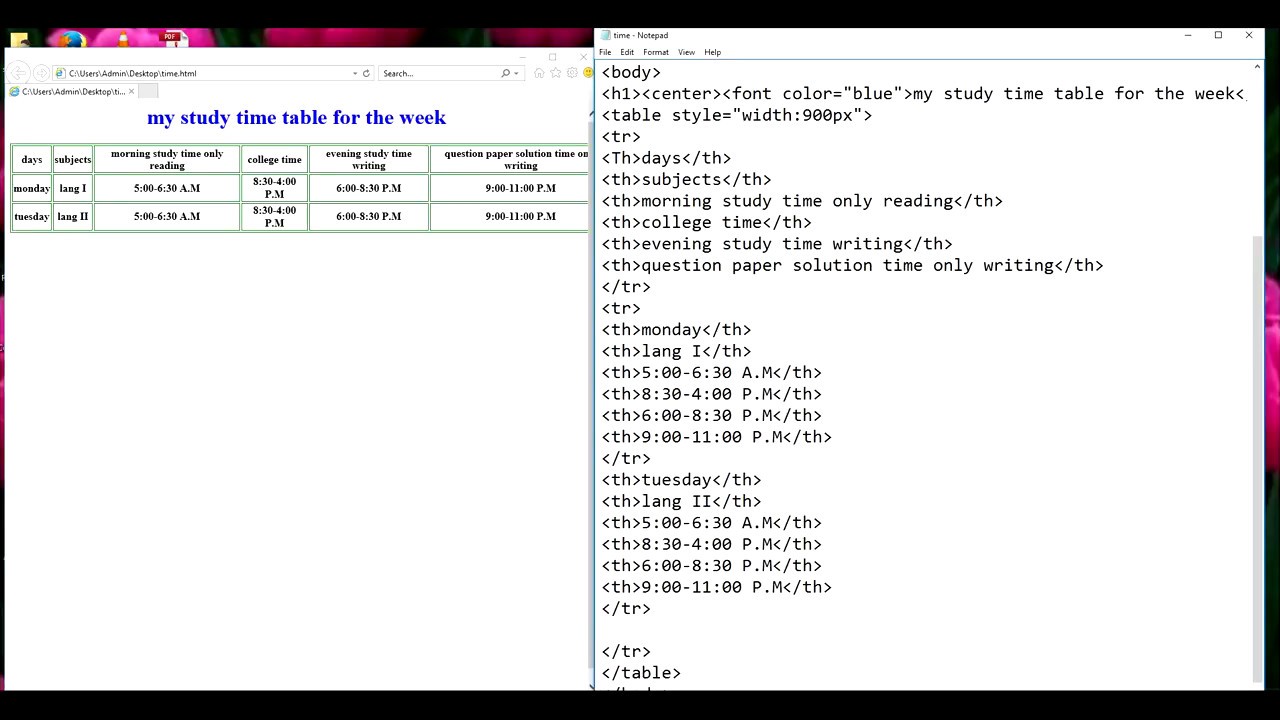 create TIME TABLE using HTML