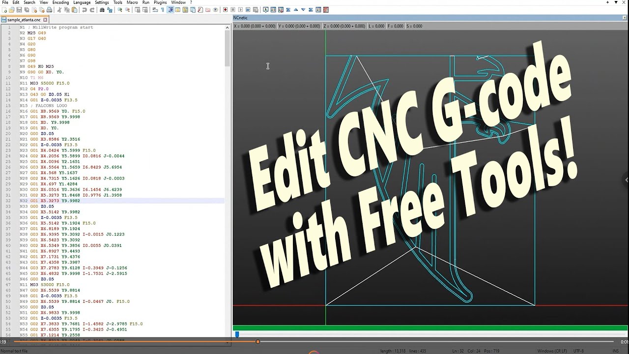 Edit CNC G code with Notepad ++ and the free NCnetic plug in, auto install via Centroid PC Tuner