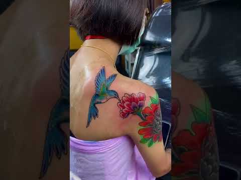 Colored Hummingbird With Flower Tattoo For Women Back Shoulder