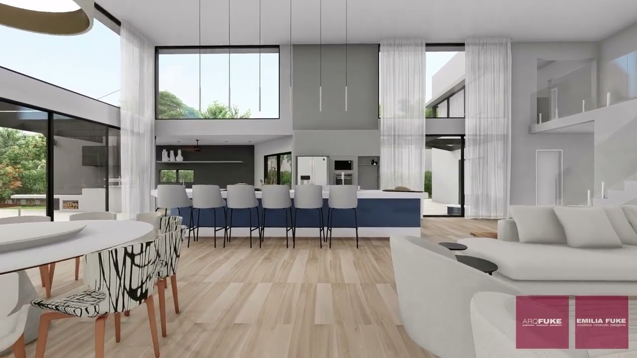 Casa com sala de estar e cozinha integradas e pé direito duplo
