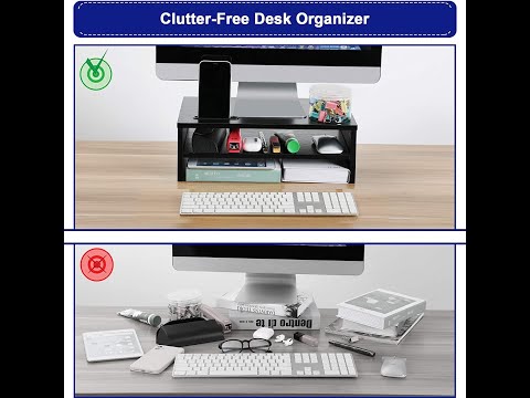 Monitor Stand, Monitor Riser Wood 2 Tiers Desk Organizer Stand with Cellphone Holder, Laptop Printer