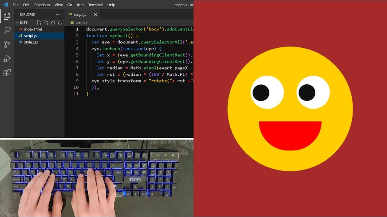 ASMR Programming - Smiley Eyes Follow Mouse Cursor using Html CSS and Javascript - No Talking