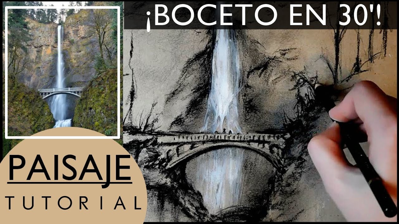 CÓMO DIBUJAR UN PAISAJE CON CASCADA (FÁCIL) | Aprende a hacer bocetos | TUTORIAL paso a paso