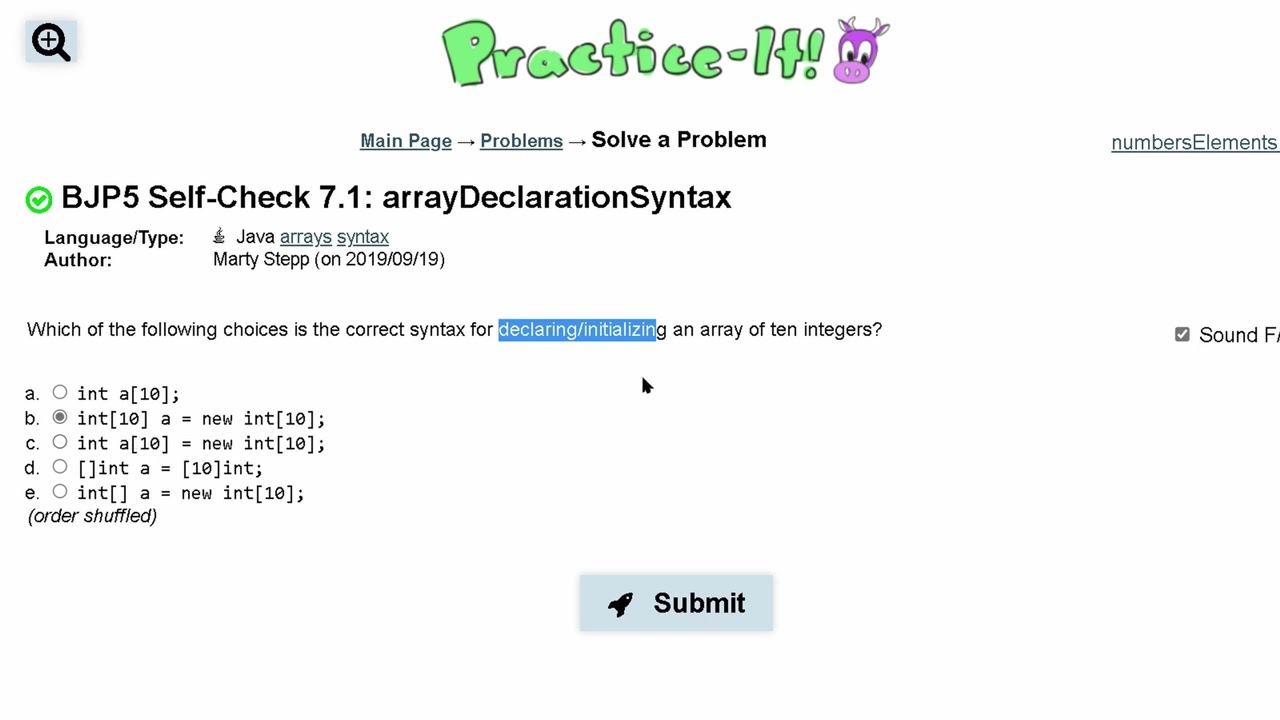 Java Practice It | Self-Check 7.1: arrayDeclarationSyntax | arrays, syntax