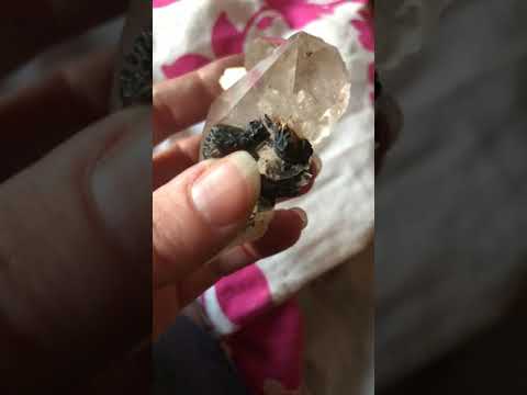 A beautiful smoky quartz crystal with hubernite, record keepers and trigonoc record keepers