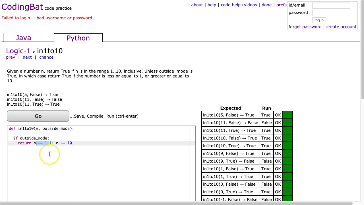 Codingbat - in1to10 (Python)