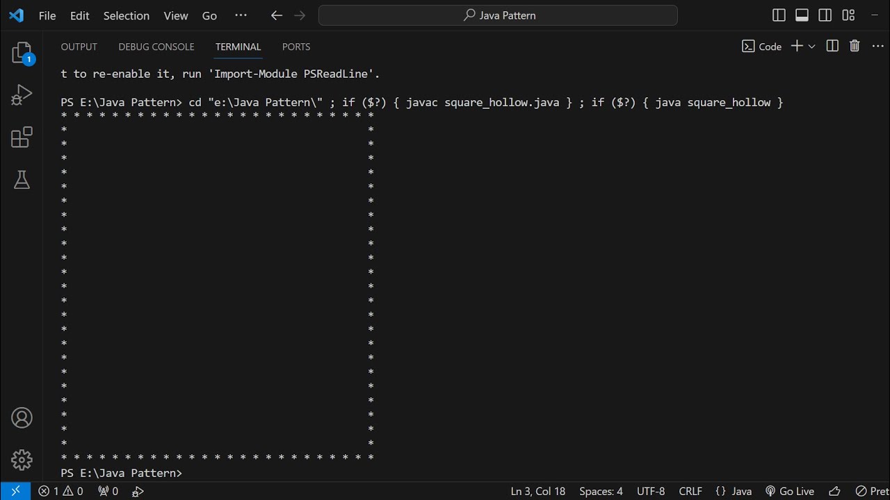 Java Program Hollow Square Pattern User Input For Visual Studio Code (VS Code) #coding