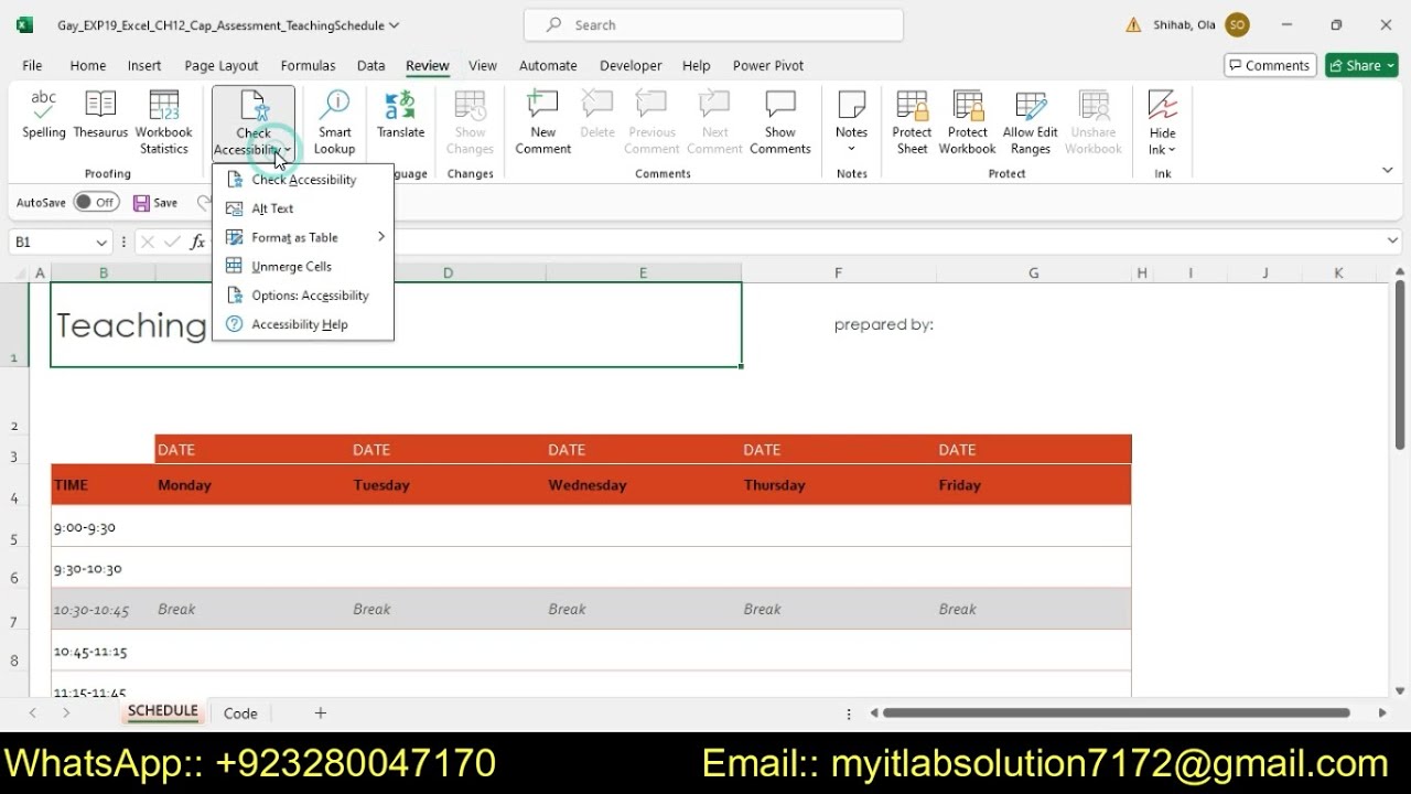 Exp19_Excel_Ch12_CapAssessment_Teaching_Schedule | Excel chapter 12 Teaching Schedule
