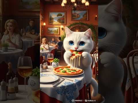 Cat eats Pizza at italian restaurant . #cat #ai #funny #chat #cute