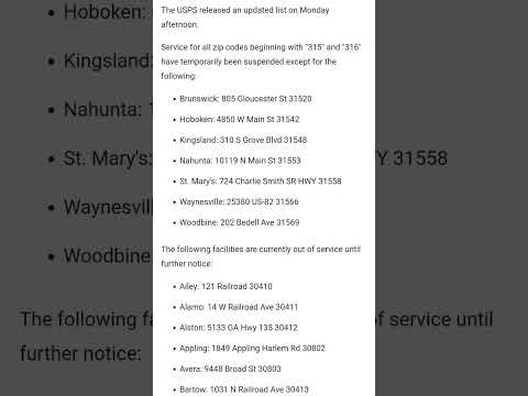 USPS SUSPENDS SERVICES N 315 & 316 GA ZIP CODES. URGENT!