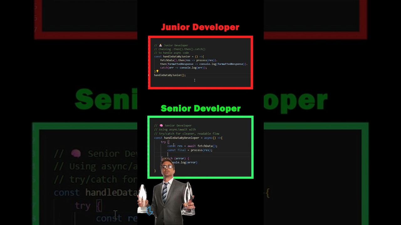 👉 Junior Developer vs Senior Developer #2 - async/await #javascript #webdevelopment #coding #html