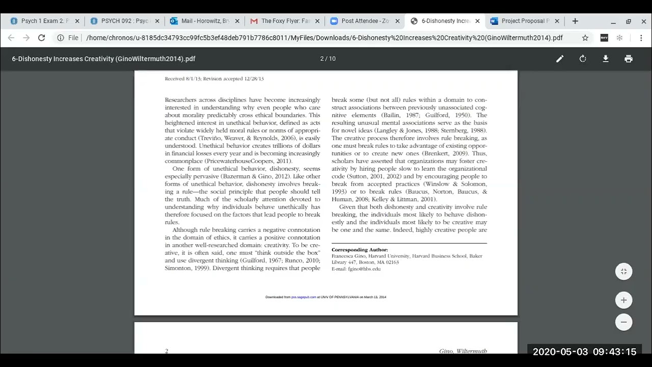 Psych 92 - SEED ARTICLE LECTURE (Cheating and Creativity)