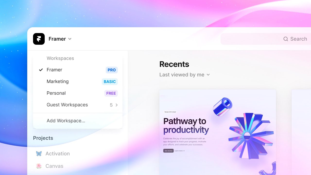 Framer Update: Workspaces