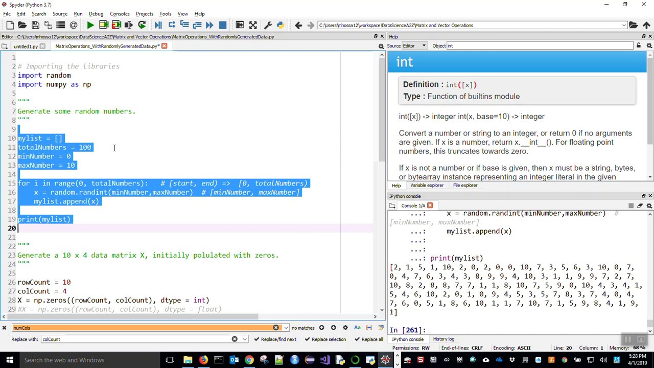 Matrix Operations Using Randomly Generated Data with Python Anaconda Spyder