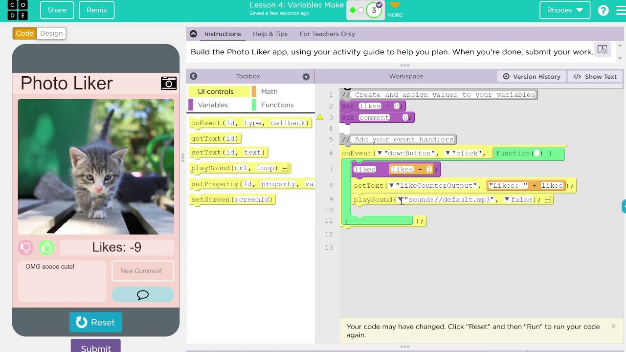 AP CSP - Code.org: Unit 4: Lesson 4 VARIABLES MAKE (2021)