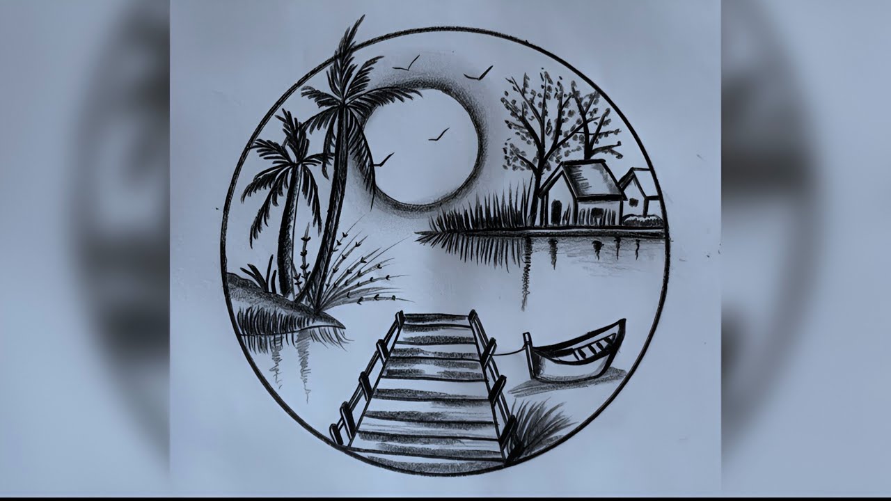 Paisaje de Una Casa en el Lago / Dibujos a Blanco y Negro. 