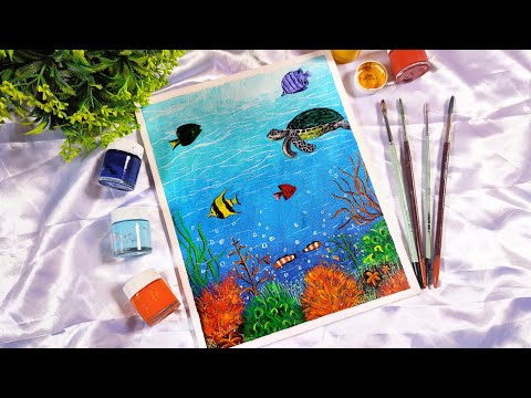 Acrylic Underwater Seascape Painting / How to Paint Ocean Life / Sea Turtle with Underwater Corals