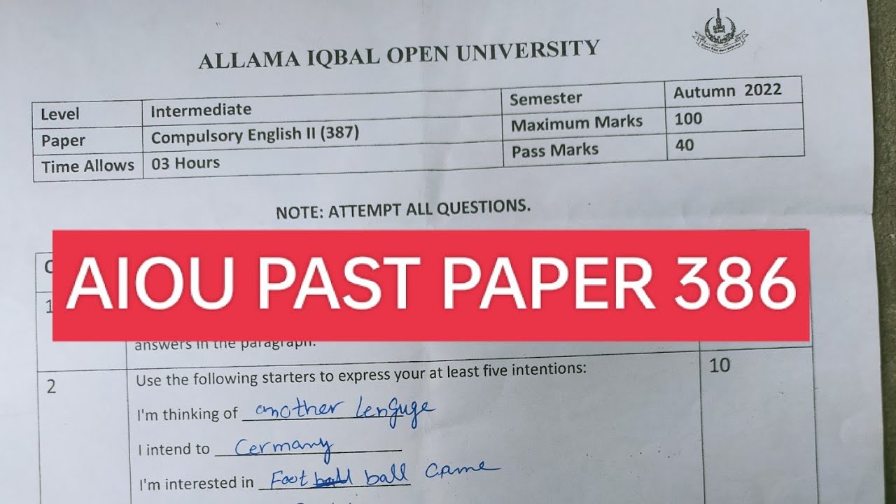 AIOU PAST PAPER 386 387 AIOU ENGLISH PAST PAPER /ALLAMA IQBAL OPEN UNIVERSITY #0386 #387 #AIOU_387