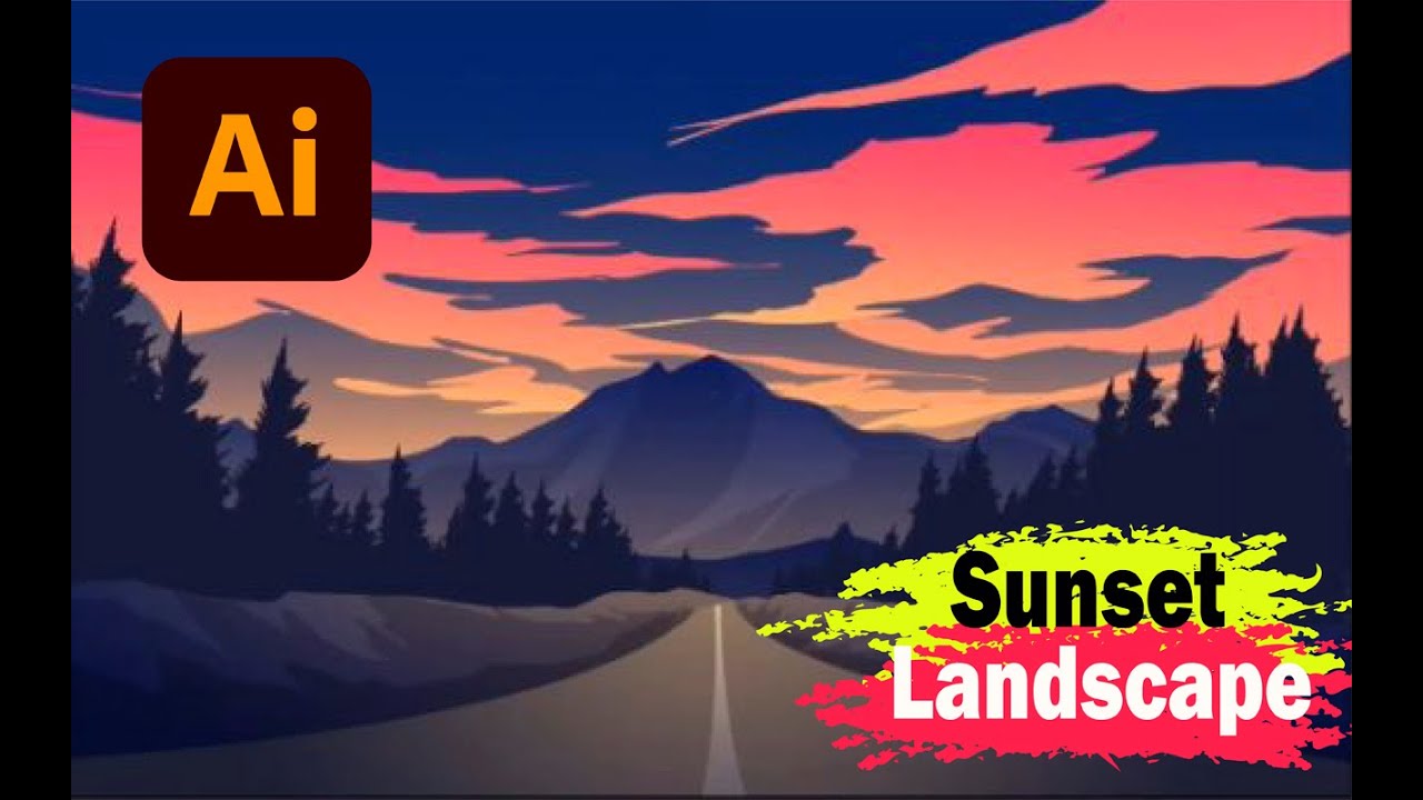 Vector sunset landscape in Illustrator time-lapse