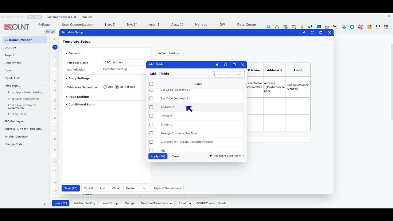 [ECOUNT Basic] Template Setup - Basic List Setup