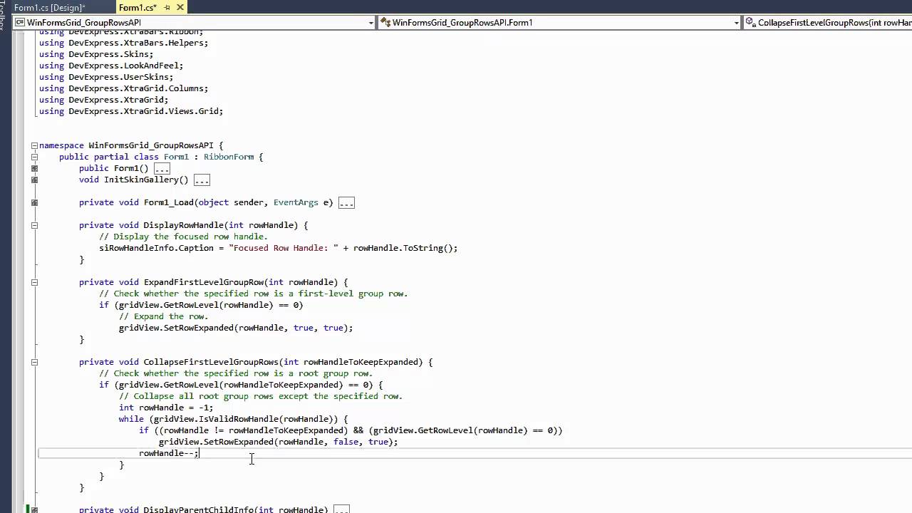 DevExpress WinForms Grid: Group Row API