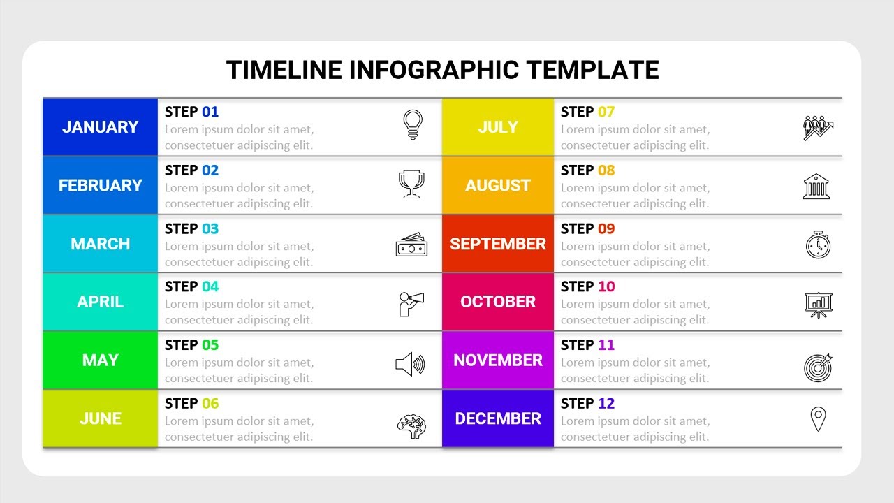 PowerPoint Table format design for 12 Months Timeline template. Tutorial No. 874