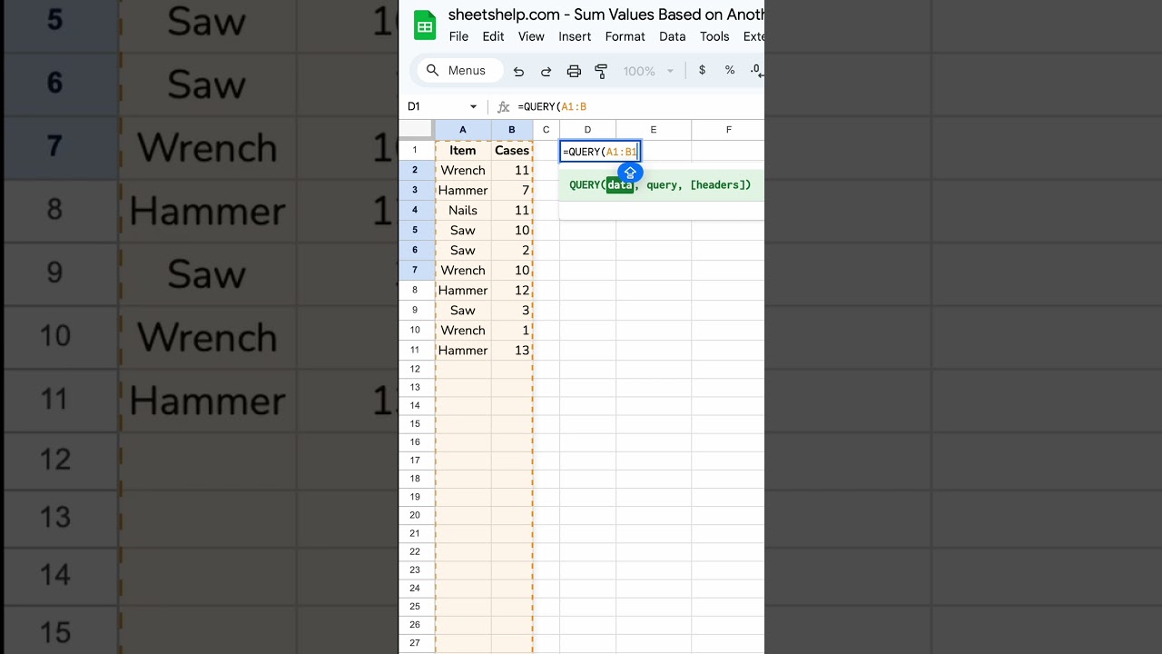 Sum Values Based on Other Cells #googlesheets #query