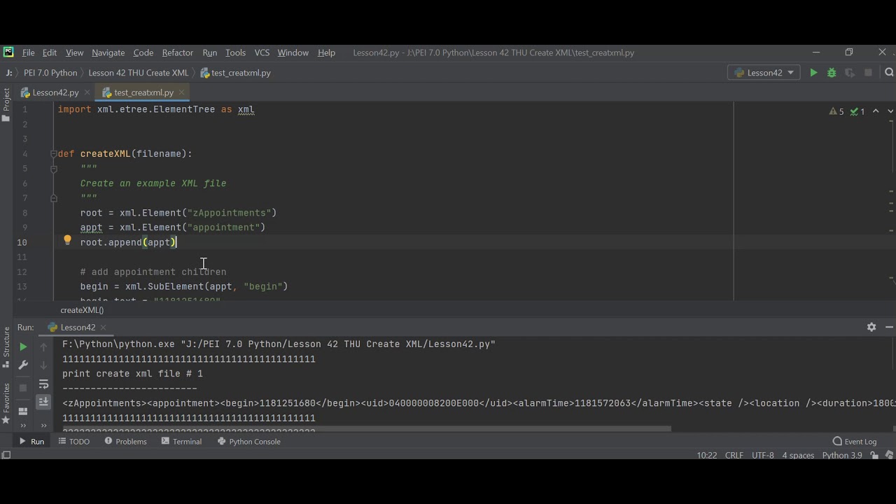 Lesson 42 Create XML file.  Python Programming.