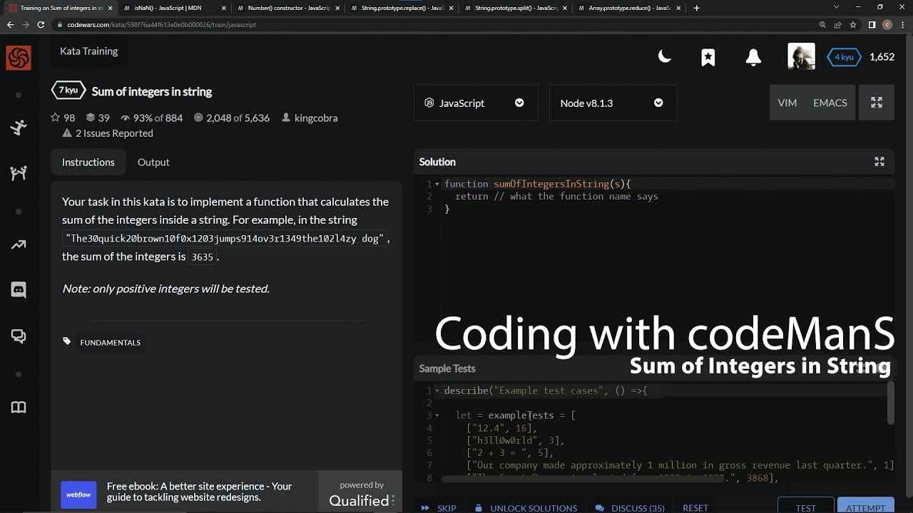 Codewars 7 kyu Sum of Integers in String Javascript