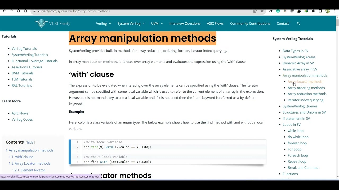 SystemVerilog array manipulation methods - Array locator methods[Element locator] :  Part-1