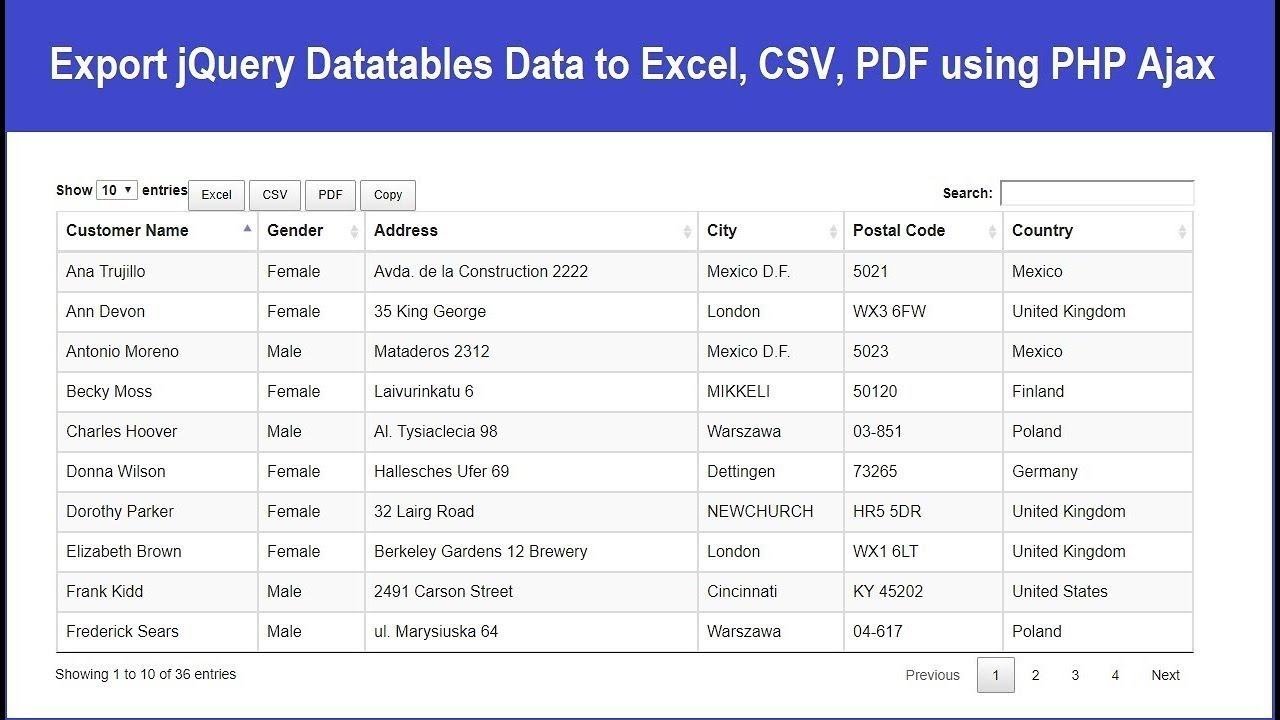 Export jQuery Datatables Data to Excel CSV PDF using PHP Ajax