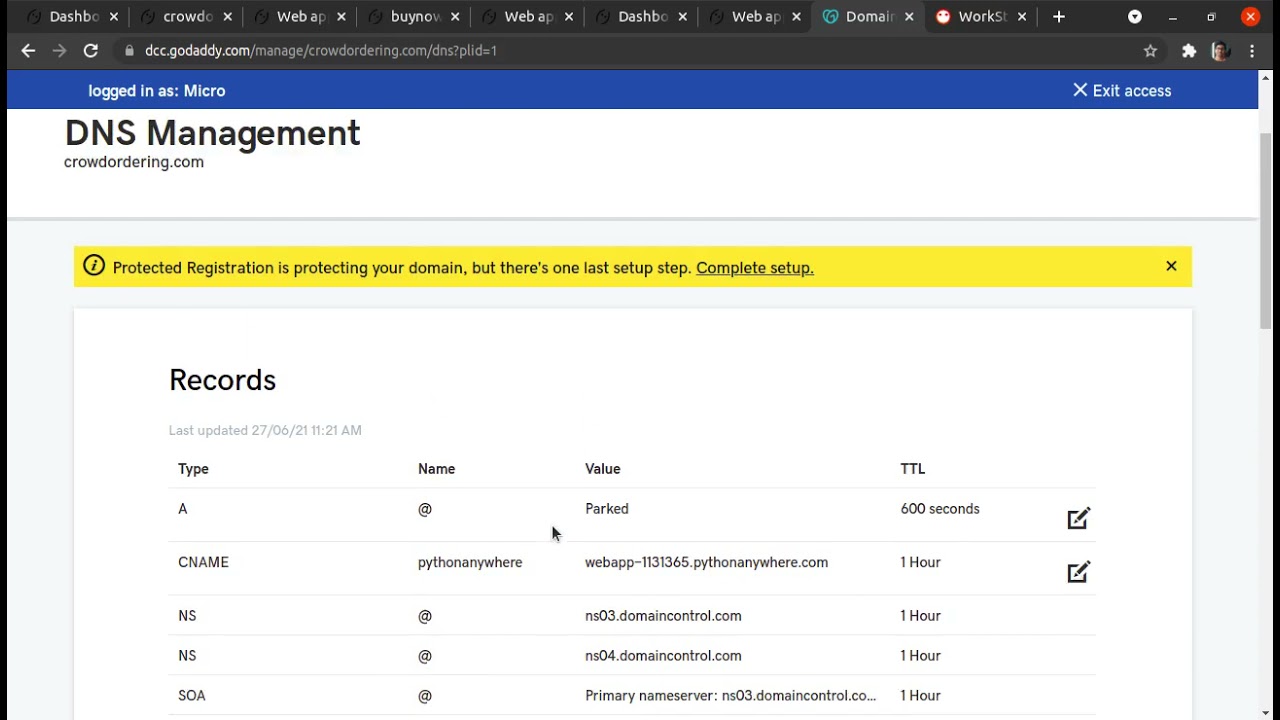 06 GoDaddy CNAME Setup for PythonAnyWhere website.