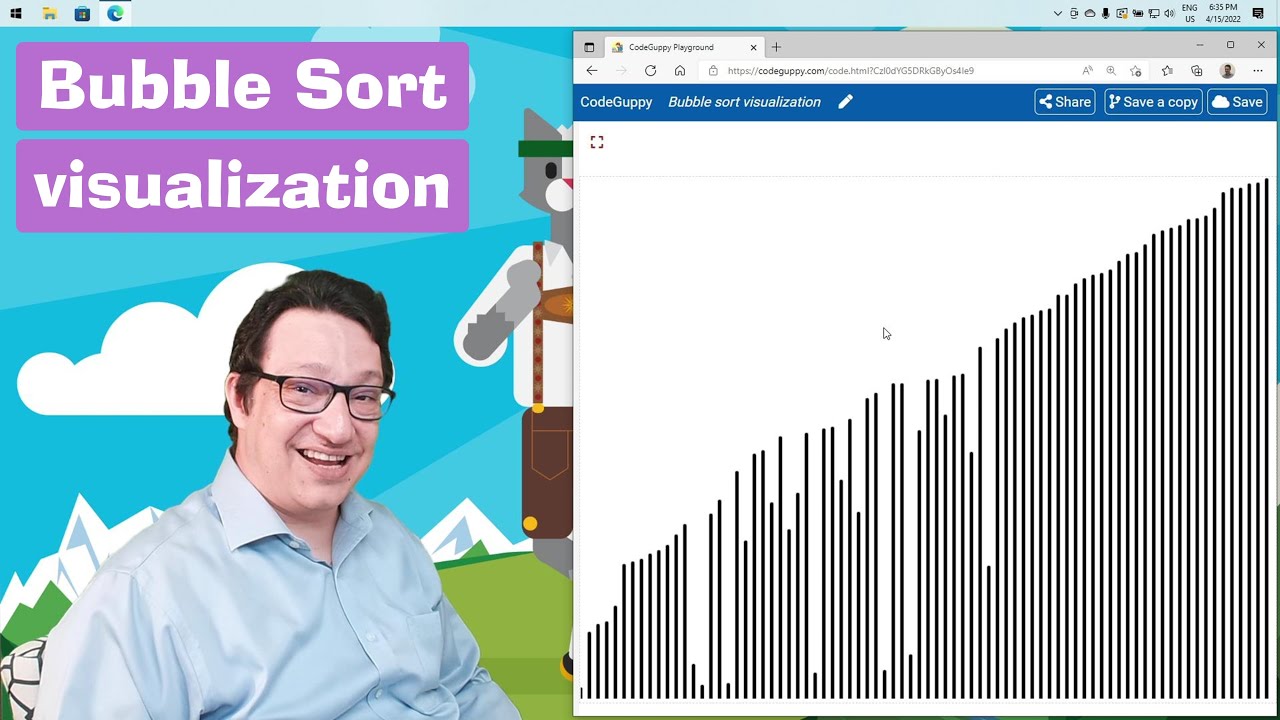 Bubble sort visualization in JavaScript | Uses p5.js in codeguppy environment