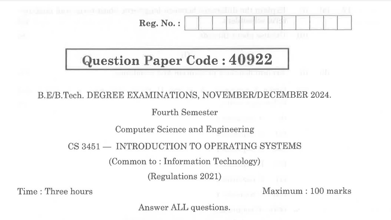 CS 3451 | Introduction to Operating Systems | Nov Dec 2024 |Anna University | Questions |
