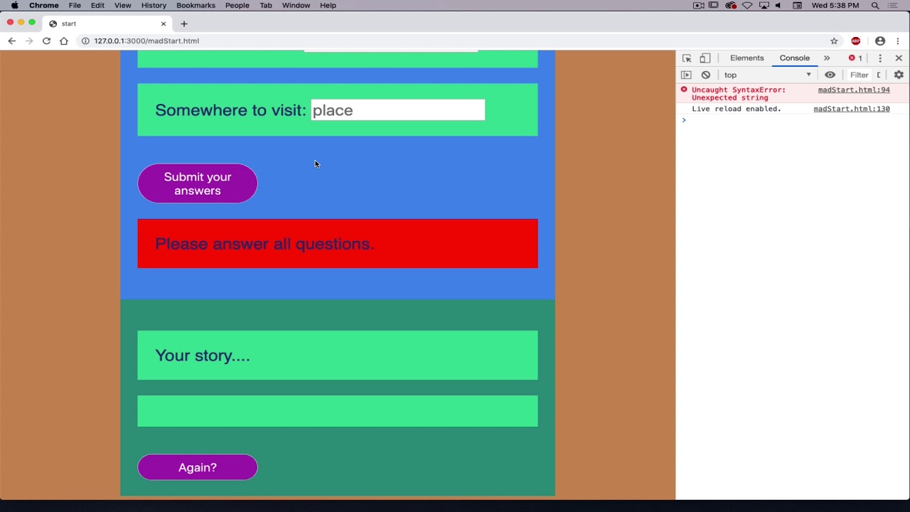 Javascript the MadLibs project complete