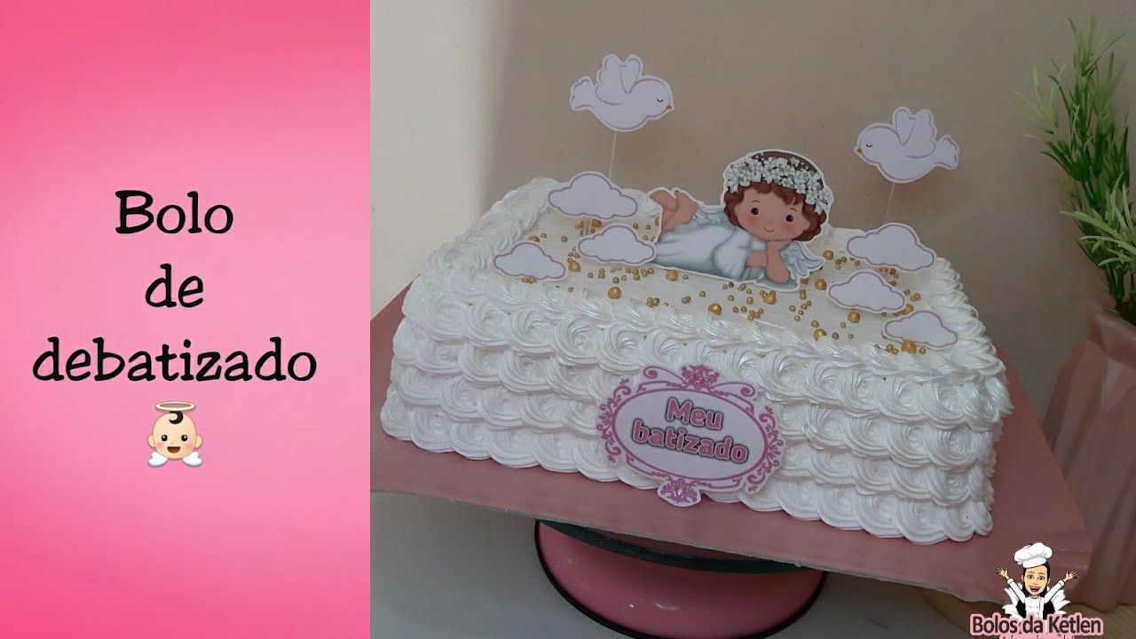 Bolo batizado | Topper | Retangular | 2 kg | 25 fatias | Chantilly branco | Rosetas | BICO 22 wilton