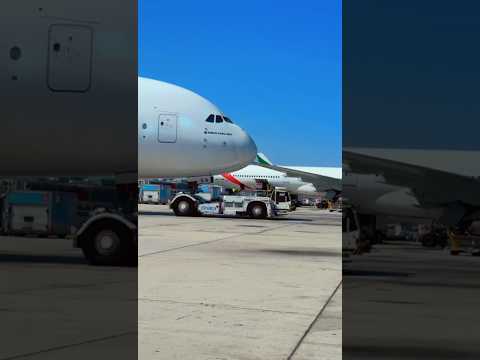 Aircraft Pushback A380 Gets Towed by Heavy-Duty Tug
