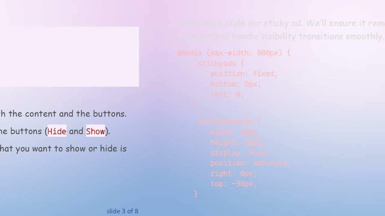 Implementing a Show-Hide Button for Sticky Ads Using JavaScript and CSS