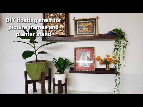 DIY floating shelf for picture frames and simple planter stand