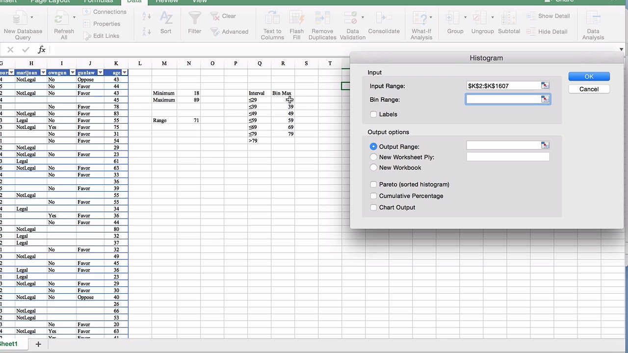 Frequency Histogram using Data Analysis Toolpak
