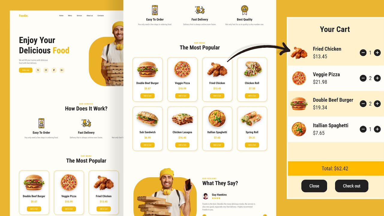 Responsive Food Delivery Website With Add to Cart Functionality | HTML CSS JavaScript Project